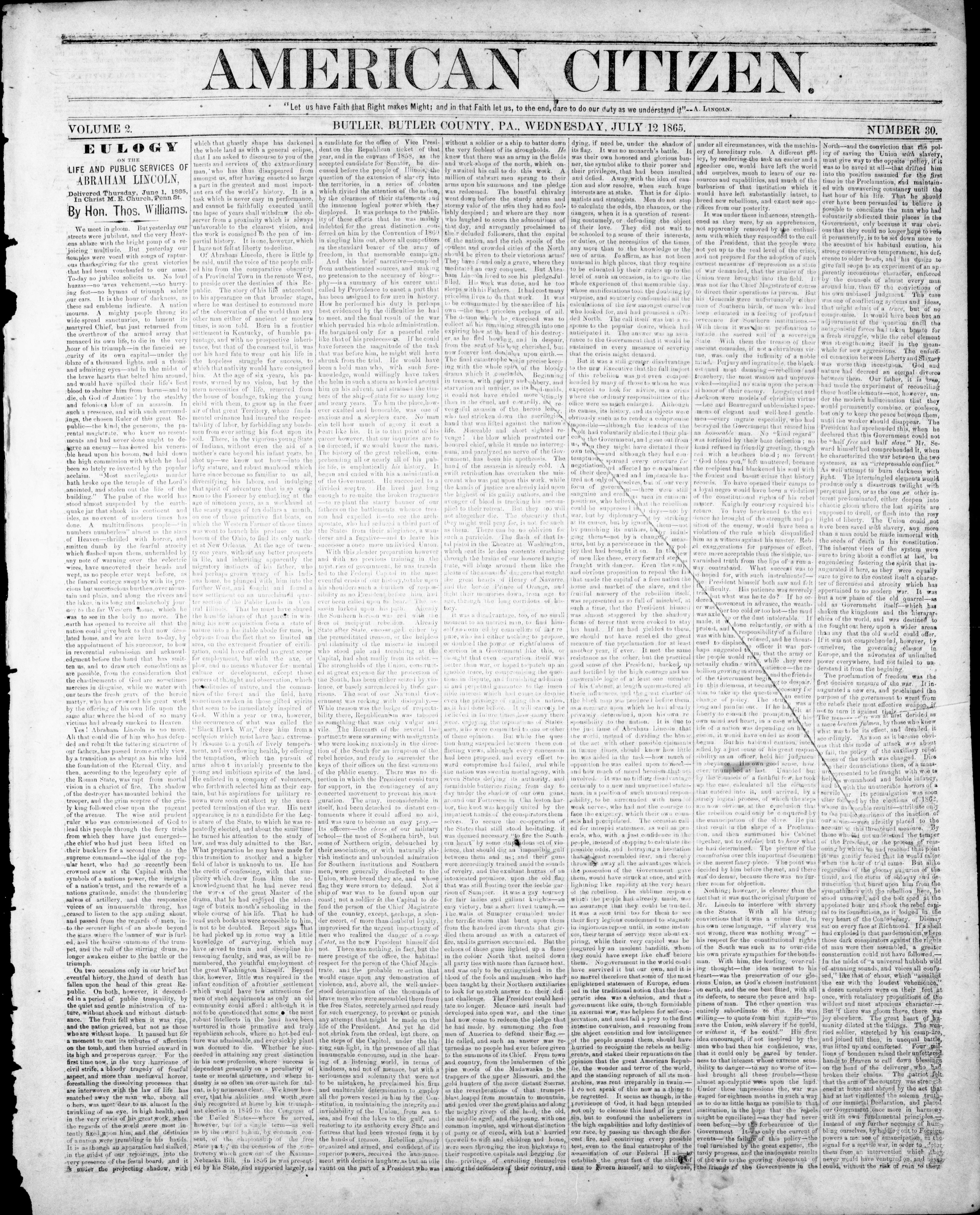 "Eulogy in the Life and Public Services of Abraham Lincoln" - American ...